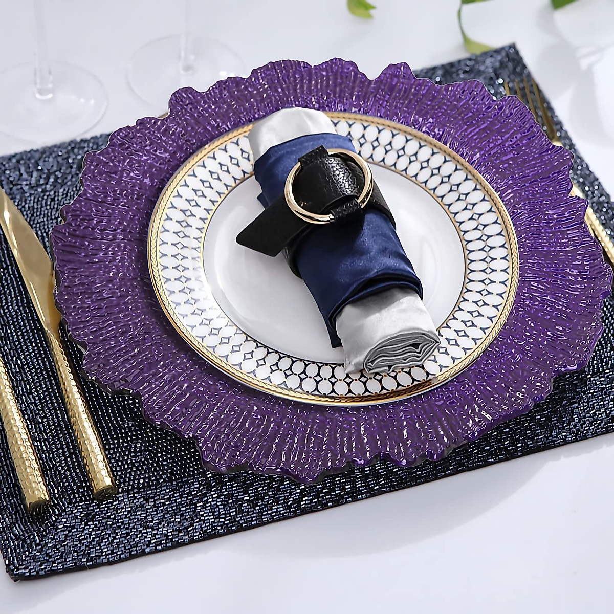 WUWEOT 12 Pack Purple Charger Plates, 13" Plastic Reef Dinner Under Plates, Round Charger Service Base Plates Bulk with Ruffled Rim for Party, Wedding, Catering Event, Tabletop Decor