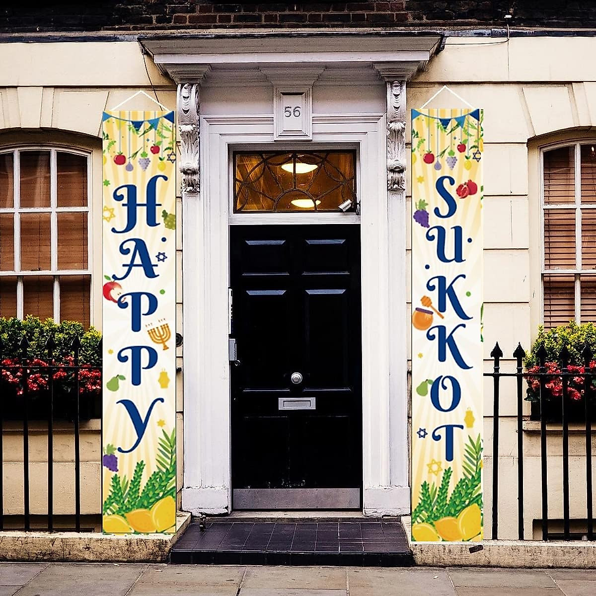 LOONELO Happy Sukkot Porch Banner with 70.9" X 11.8", Etrog Lulav Jewish Holiday Hanging Porch Sign, Sukkah Jewish Hebrewh Party Decorations Supplies for Jewish Holiday Sukkot Celebration Festival