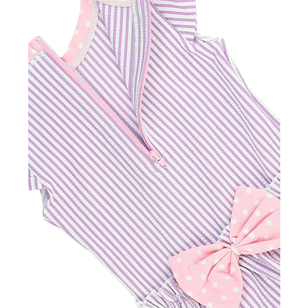 RuffleButts Infant/Toddler Girls Peplum Skirt One Piece Rash Guard Swimsuit - Lilac Seersucker - 12-18m