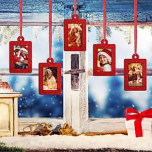 20 Pieces Christmas Photo Ornament Frames Christmas Tree Glitter Picture Frame Felt Hanging Photo Frame for Holiday Decoration (Rectangle, Red)
