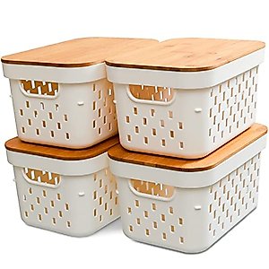 Citylife 4 PCS Storage Baskets with Bamboo Lids Plastic Baskets for Organizing Stackable Storage Bins with Handle for Shelves, 10.16 x 6.81 x 5.31 inch