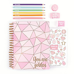 Three Cheers for Girls - Pink & Gold All-In-1 Sketchbook Set - Girls Diary, Journal, Sketch Book for Kids w/ Pencils, Stickers & More - Drawing Kit for Kids - Unlined Diary for Girls - Kids Sketch Pad
