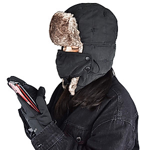 2 Pcs Winter Hat and Golves Set Include Knit Plush Lined Trapper Hat and Windproof and Waterproof Ski Unisex Gloves for women (Black)