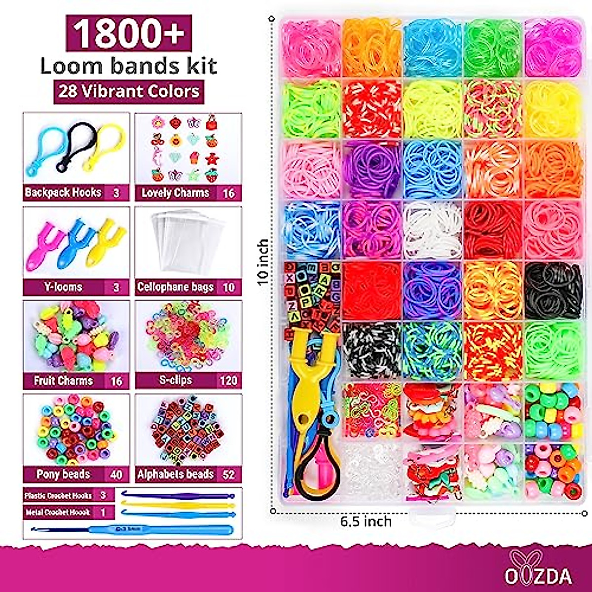 OOZDA 1800+ Rubber Band Bracelet Kit with a Metal Crochet Hook, 28 Colors Loom Bracelet Making Kit for Kids, Loom Bands Kit with Accessories for Girls & Boys