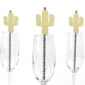 Big Dot of Happiness Gold Glitter Cactus Party Straws - No-Mess Real Gold Glitter Cut-Outs and Decorative Christmas Cactus Party Paper Straws - Set of 24
