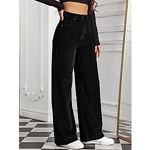 Floerns Women's Hight Waist Corduroy Velvet Slant Pocket Wide Leg Pants Black L