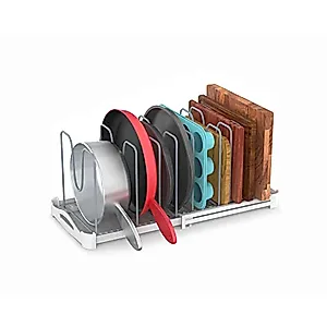 EVERIE Adjustable Bakeware Organizer Pot Lid Holder Rack for Pots, Cake Molds, Cutting Boards, Mats, Cookware, GS02SS