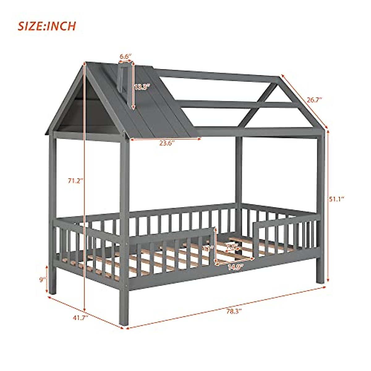 Merax House Bed Frames for Boys and Girls,Wood Twin Bed Frame House-Shaped Bed Platform Bed Frame with Roof Windows and Full-Length Safety Rails, Twin Size