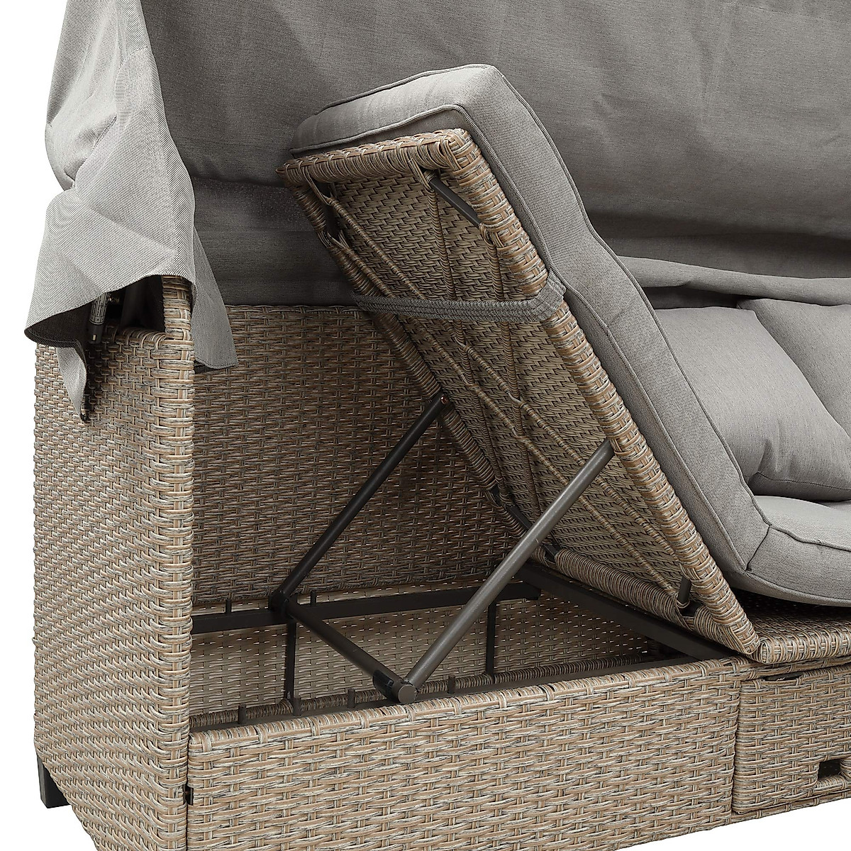 All-Weather Outdoor PE Wicker Sunbed Daybed with Retractable Canopy, UV-Resistant Patio Sectional Sofa Set with Cushions and Lifting Table for Lawn Garden Backyard Poolside