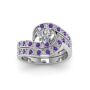 JewelryGift Swirl Pave Diamond Wedding Ring Set Sterling Silver Natural Amethyst Heart Shape Purple Color Wedding Ring Sets Pave Setting in Size 6 Party Wear Daily Wear Ornament