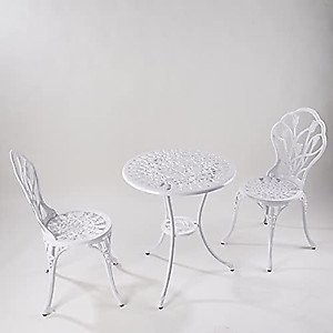 KAI LI Patio Bistro Sets 3 Piece cast Aluminum Patio Furniture Outdoor Garden Metal Rust Proof Tables and Chairs White bisrto Set (Tulips-White)