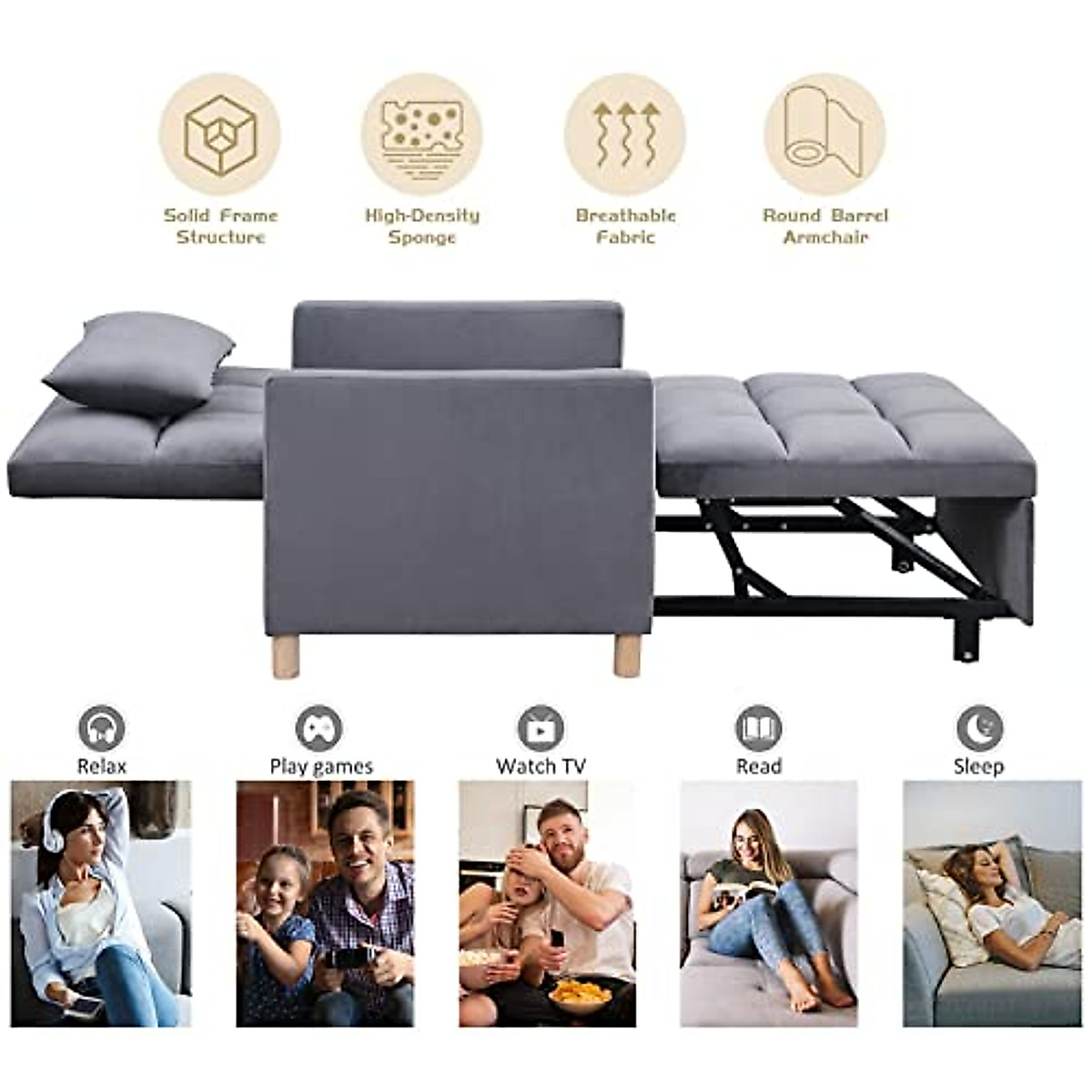LKTART Sofa Bed Convertible Sofa Chair with Pillow Pull-Out Sofa Bed Velvet Folding Footstool Guest Bed Suitable for Bedroom, Living Room, Apartment