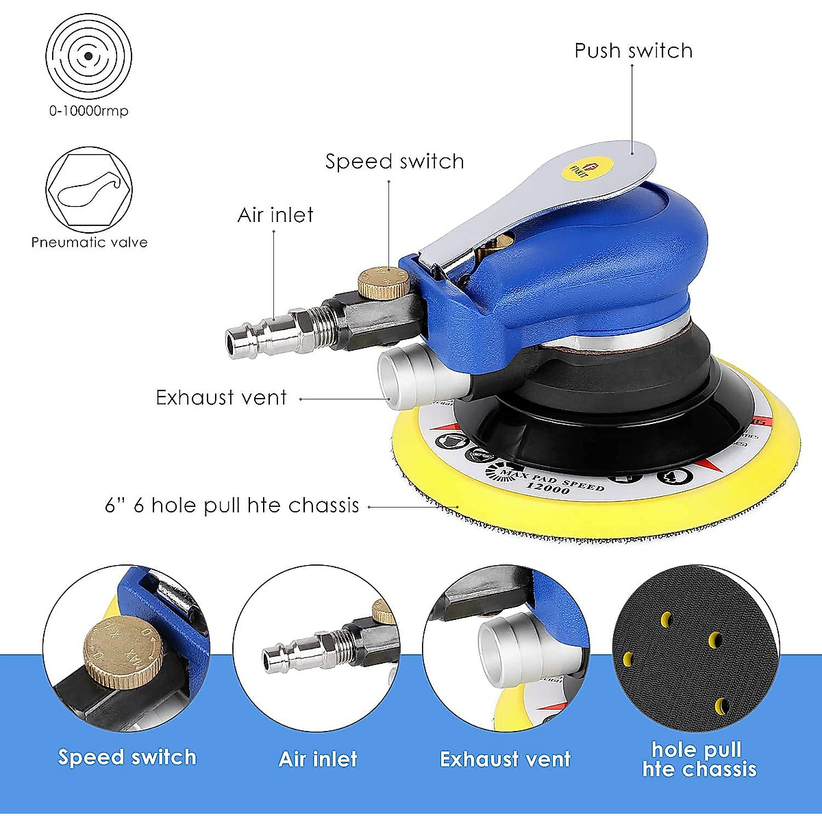 6" Air Random Orbital Sander (Air sander) Pneumatic Sander with Hose and Bag for Car 6 Inches, Polishing Grinding Sanding for Car, Metal,Wood Wax, Metal Work.