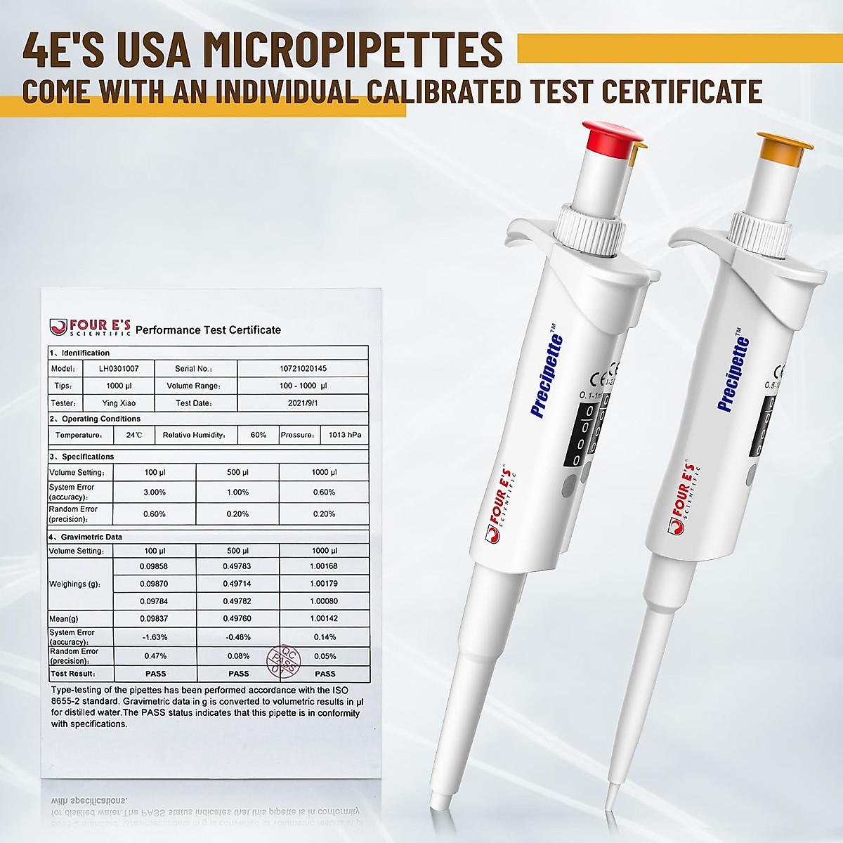 4E's USA Pipette - 100-1000μl Micropipette, Adjustable Volume Pipette with Autoclavable Lower Portion, Universal Tip Cone Single Channel Pipettes, Laboratory ISO 8655 Calibrated Pipettor