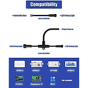 GMJYC 12V 500pcs WS2811 Pixels Individually Addressable IP68 Diffused Digital RGB LED String Light with 3 Pin Waterproof Connector 12mm Dream Color Black Wire for Christmas/Garden, witn 4 T-Connectors
