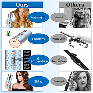 Automatic Curling Iron, Cordless Auto Hair Curler, Ceramic Rotating Hair Curler with 6 Temps & Timers, Portable Rechargeable Curling Wand, Auto Shut-Off, Fast Heating Iron for Styling