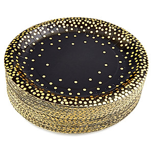 BLUE PANDA 48-Pack Black and Gold Party Plates, 7 Inch Paper Plates for Birthday Cake and Desserts
