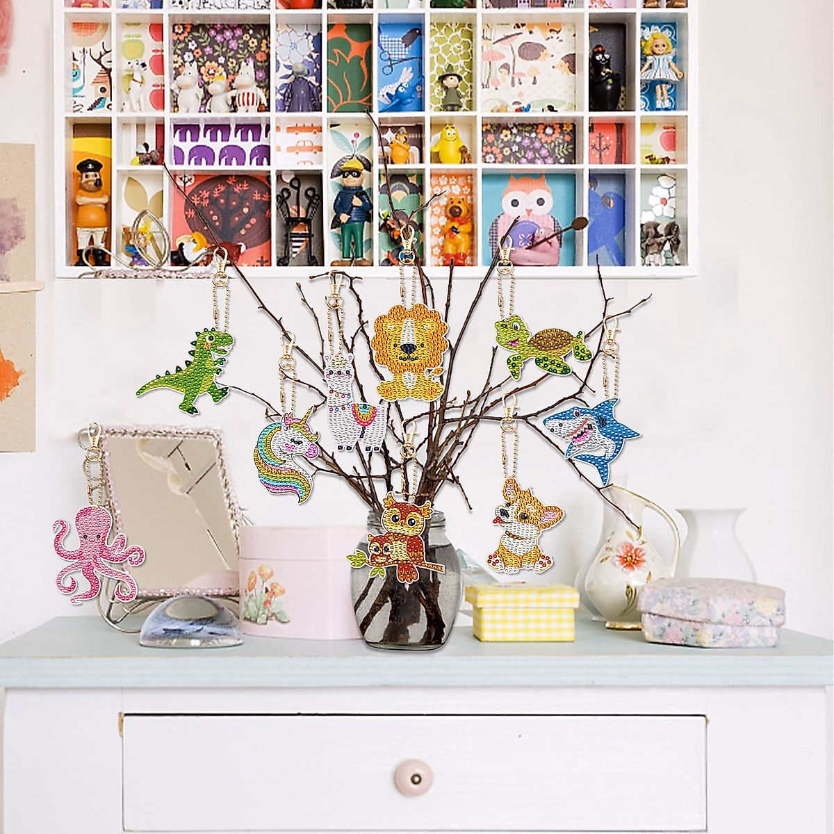 12 PCS Diamond Painting Keychains Kit Animals Diamond Art Ornaments Double Sided 5D Diamonds Key Rings DIY Diamonds Pendants for Beginners Birthday Crafting Home Party Decor