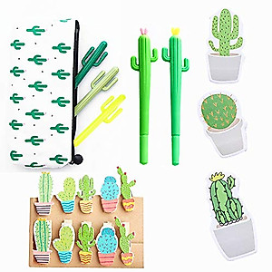 JeVenis 19 Pcs Cactus Ballpoint Pen Cactus Black Ink Writing Pens with Cactus Pencil Pouch Cactus Clip Cactus Notes Sticker for Office Home Supply Gift