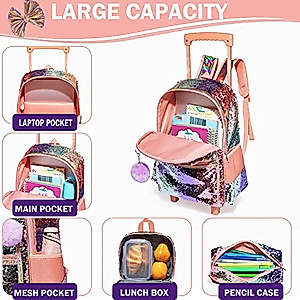 Bowknot Rolling Backpack for Girls Roller Backpacks with Wheels Kids Wheeled Sequin Suitcase Trolley Trip Luggage for Elementary School Student with Lunch Box Pencil Case for Kids 5-12 Years Old