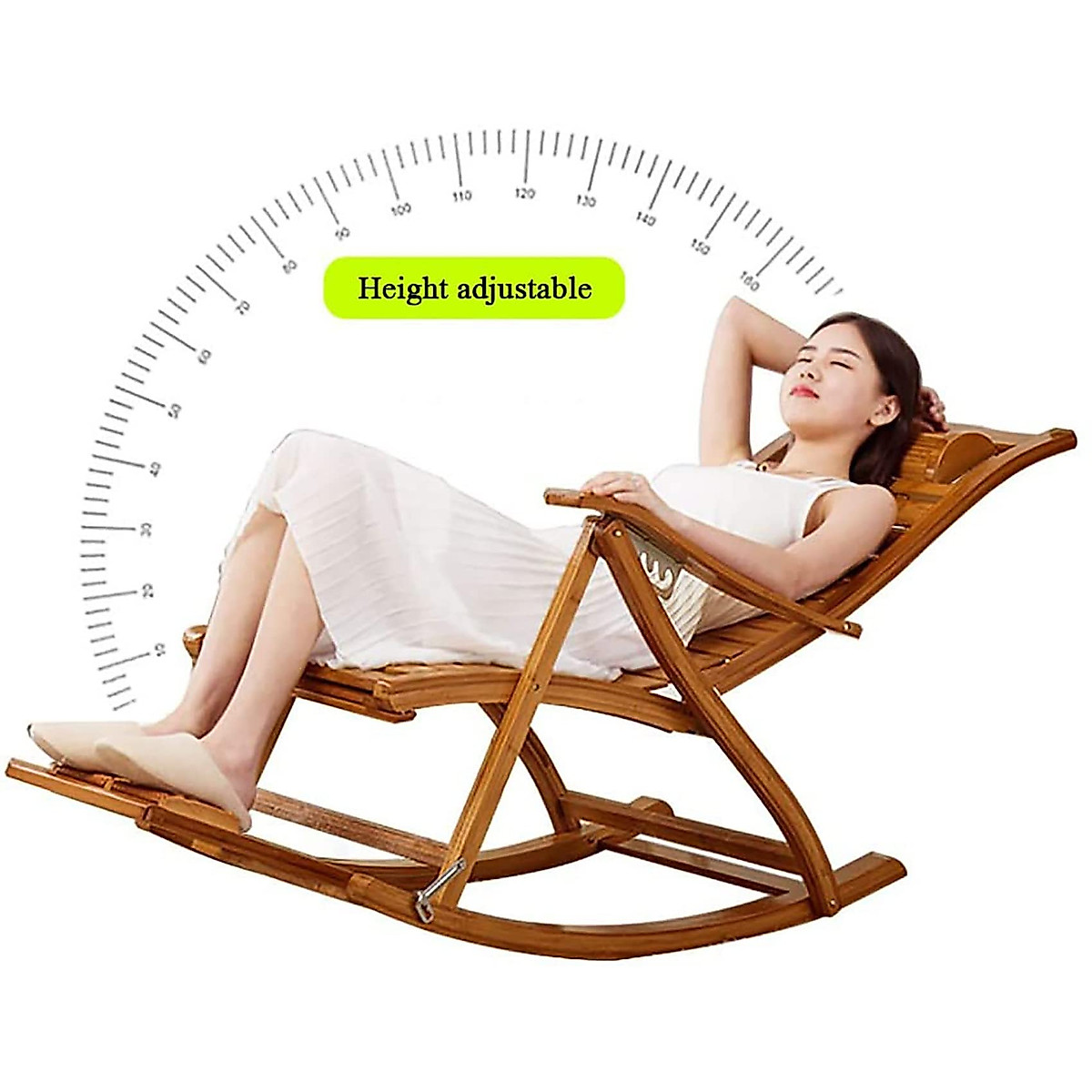 HM&DX Bamboo Rocking Chair Foldable Garden Deck Chairs for Elderly Loungers Deck Chair with Cushion Stable Ergonomic Wooden Patio Pool Garden Chair(Short pad, B)