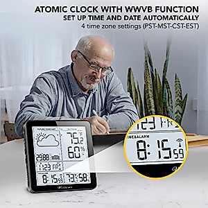 Wittime 2180 Weather Station with Atomic Clock Indoor Outdoor Thermometer Wireless Wireless Temperature and Humidity Monitor Inside Outside with Sensor Battery Powered