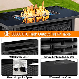 Yaheetech 43in Fire Pit Propane Fire Pit 50,000 BTU Gas Fire Pit Table with Two Storage Shelves, Glass Tabletop, Rattan Wicker Base and Waterproof Cover for Garden/Patio, CSA Certification