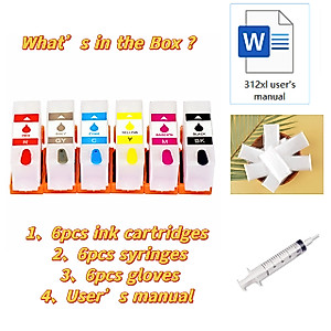 312XL 6 Color Refill Ink Cartridges No Chip Remanufactured Ink Cartridge for XP-15000 XP-15010 XP-15080 Sublimation Ink Cartridges Without Chip & Ink for XP15000 Printer
