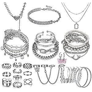 17IF 37 Pcs 14K Silver Plated Jewelry Set for Women 14 Rings 4 Necklace 14 Bracelet and 5 Pair Earring, Indie Stackable Accessories Adjustable Jewerly Pack for Teenage Girl Friendship Gift