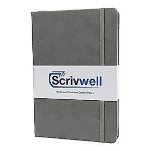 Scrivwell Dotted A5 Hardcover Notebook - 208 Dotted Pages with elastic band, two ribbon page markers, 120 GSM paper, pocket folder - great for bullet journaling - Grey