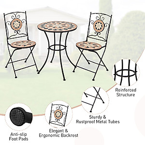 Tangkula 3 Pieces Patio Bistro Set, Outdoor Garden Furniture Set with Round Mosaic Coffee Table & 2 Folding Chairs, Portable Bistro Table & Chair Set for Balcony, Backyard, Poolside, Porch, Balcony
