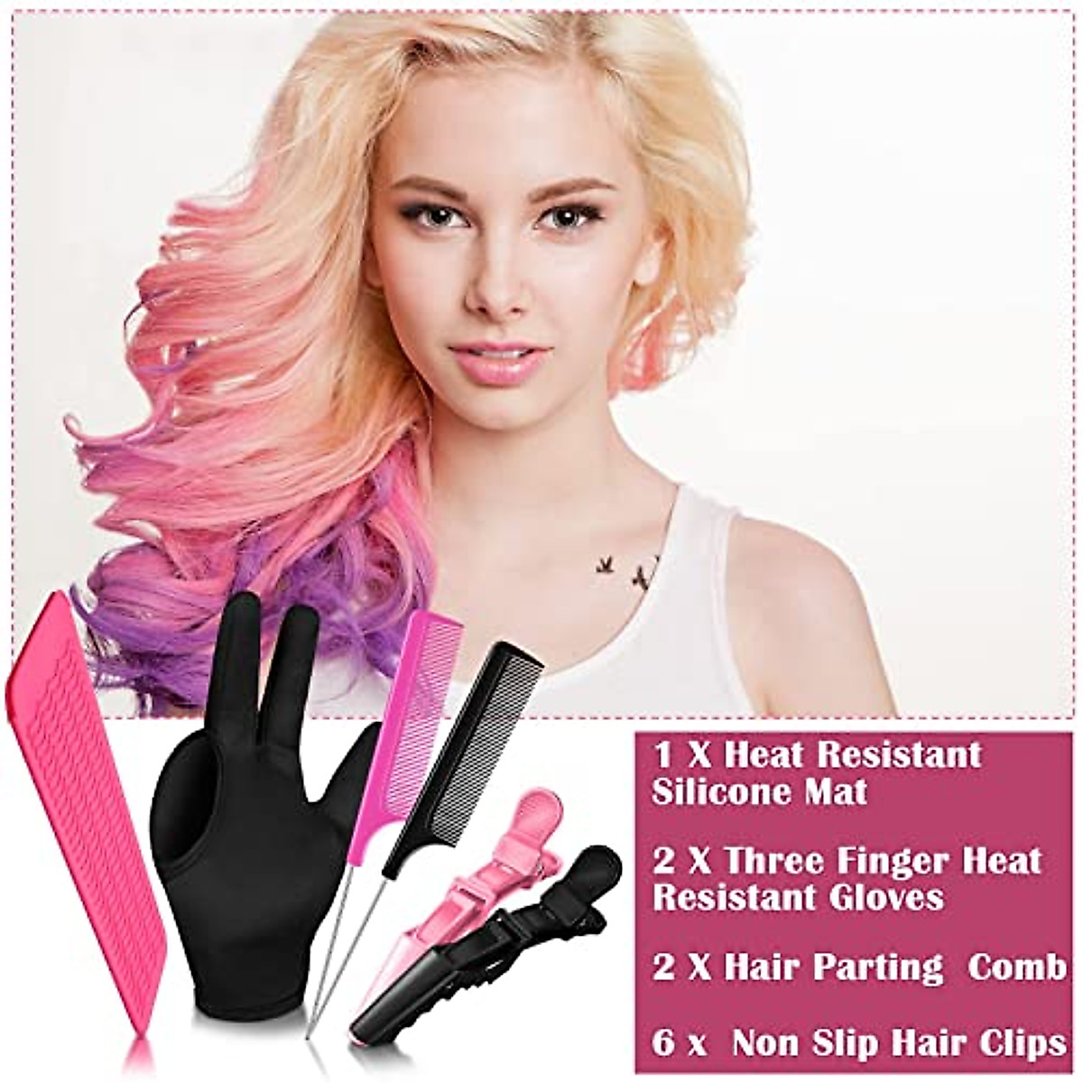 Heat Resistant Gloves for Hair Styling 3 Finger Curling Wand Glove Silicone Heat Mat Pouch 6 Pcs Hair Clips and 2 Pcs Styling Comb for Curling Iron Wands