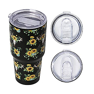 JIU HONG CHAO 30oz Sunflower Stainless Steel Tumblers Travel Cofee Mugs with Lid Sun Flower Cups Cow Skull Insulated Cup Sunflower Gifts for Women Adults (Bullskull flower)