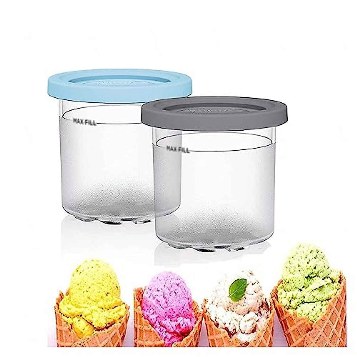 VRINO 2/4/6PCS Creami Pints, for Ninja Ice Cream Maker Cups, Pint Containers Bpa-Free,Dishwasher Safe Compatible NC301 NC300 NC299AMZ Series Ice Cream Maker,Gray+Blue-2PCS