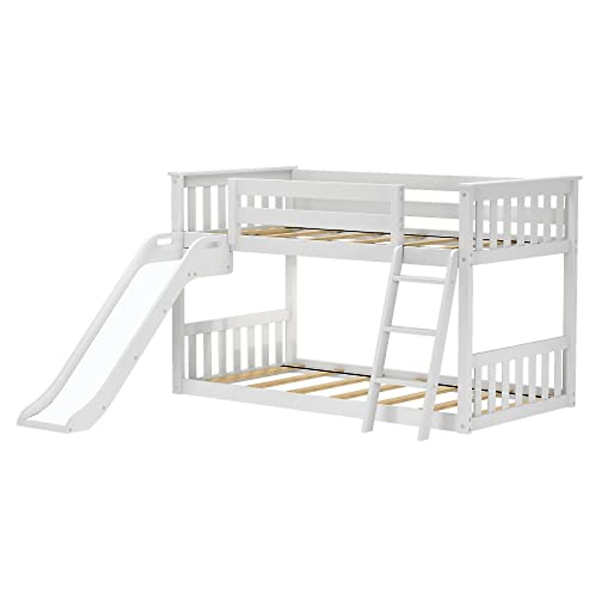 Max & Lily Solid Wood Twin over Twin Size Low Bunk Beds for Kids with Slide and Ladder, 400 lbs Weight Capacity, 14" Safety Guardrail, Anti-Slip Steps, White