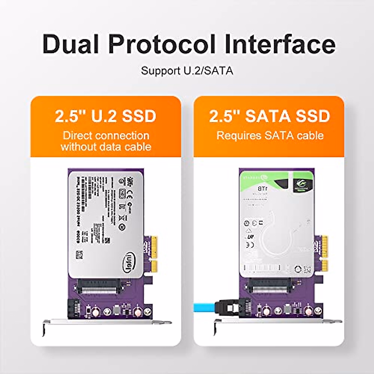 U.2 SFF-8639 to PCIe NVMe SSD Adapter Card, PCIe 3.0 X4 Expansion Card for 2.5" U.2 NVMe SSD or 2.5" SATA SSD