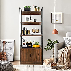 Acehome Industrial Bookshelf, 4 Tier Bookcase with 2 Doors, Storage Shelf & Standing Storage Cabinet,Bookshelf Display Shelf with Storage Cabinet, Bookshelf Rack for Home Office, Bedroom, Brown