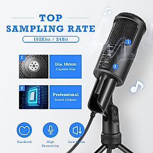 Lamoe USB Podcast Studio Condenser Mic, Recording Condenser Microphone kit with Boom Arm Sound Card 192KHZ/24Bit, Plug & Play Instrument Microphones for PC Karaoke YouTube Streaming Gaming-U188