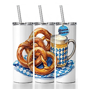 Oktoberfest German Pretzels Watercolor Skinny Tumbler 20oz with Straw Insulated Water Bottle Gift