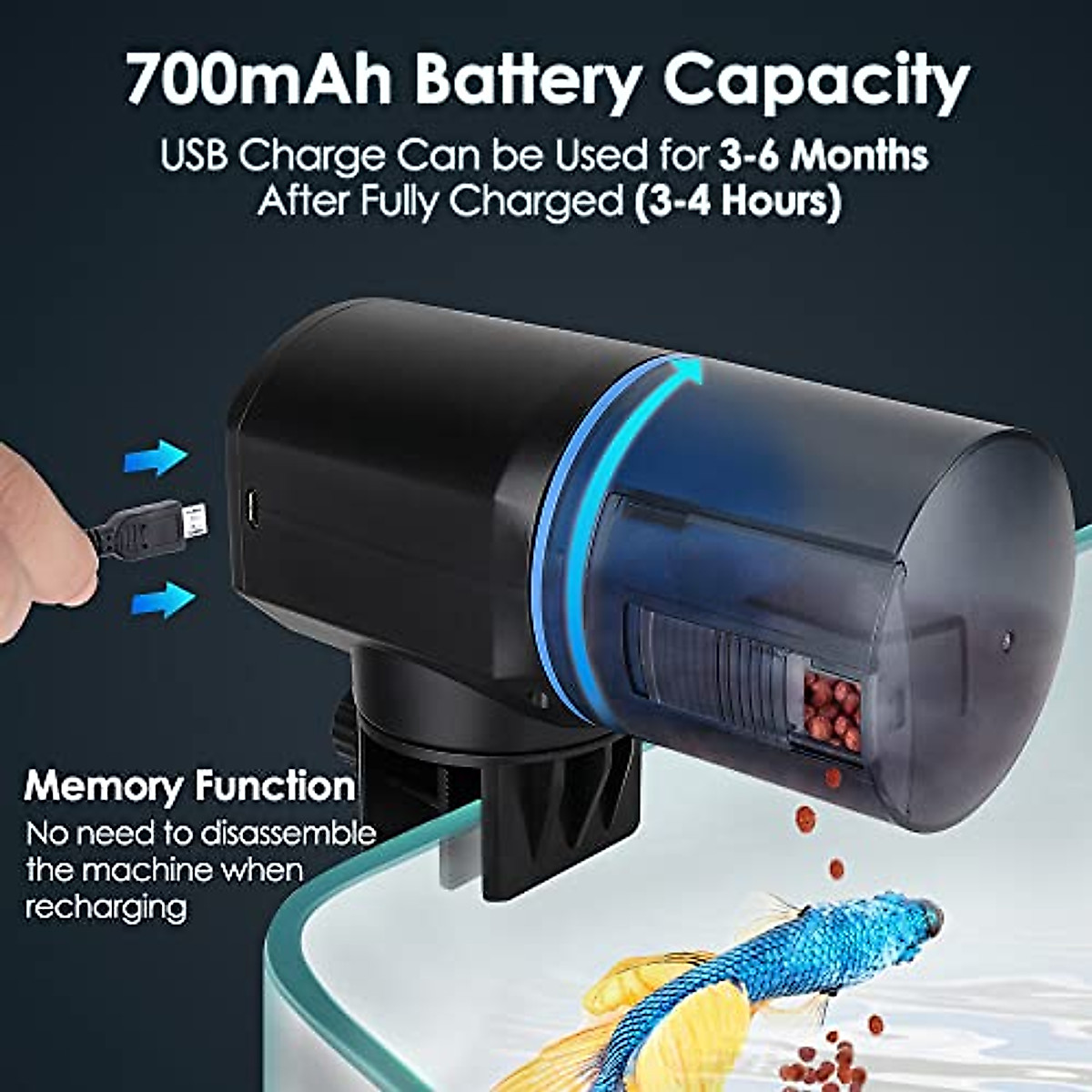 Lukovee Automatic Fish Feeder,New Generation Feeding Time Display USB Rechargeable Timer Moisture-Proof Aquarium or Fish Tank Food Dispenser with 200ML Large Capacity for Vacation Weekend Holiday,Blue