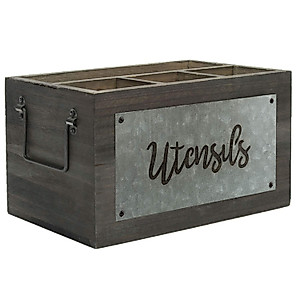 MyGift 4 Compartments Vintage Gray Wood Flatware Organizer and Napkin Holder Caddy with Rustic Metal Handles and UTENSILS Design Galvanized Panel for Kitchen Counter, Dining Room Table, Buffet Server