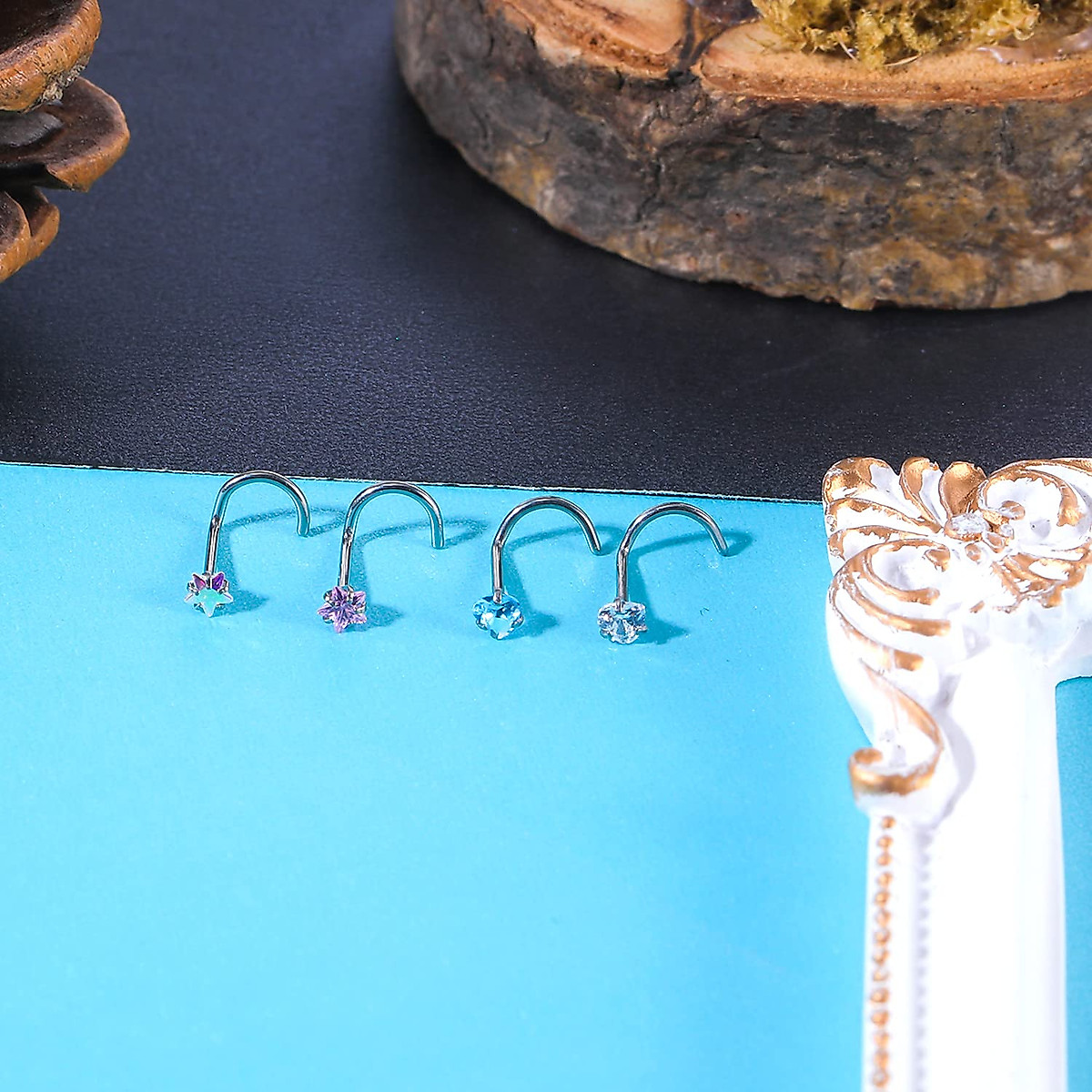 BodyAce Grade 23 Titanium Nose Rings Studs, 20G Cute Nose Stud Rings for Women, Tiny Nose Piercing Jewelry Nose Bone/Screws/L Shaped [A:4pcs Nose Screw(Star, Heart)]