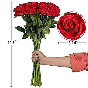 Bringsine Artificial Velvet Flowers Realistic Roses Bouquet with Long Stem for Home Wedding Decoration Party-Red