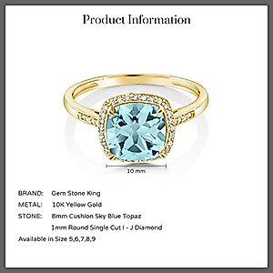 Gem Stone King 10K Yellow Gold Sky Blue Topaz and Diamond Engagement Ring For Women (2.74 Cttw, Gemstone Birthstone, Cushion Cut 8MM, Available in size 5, 6, 7, 8, 9)