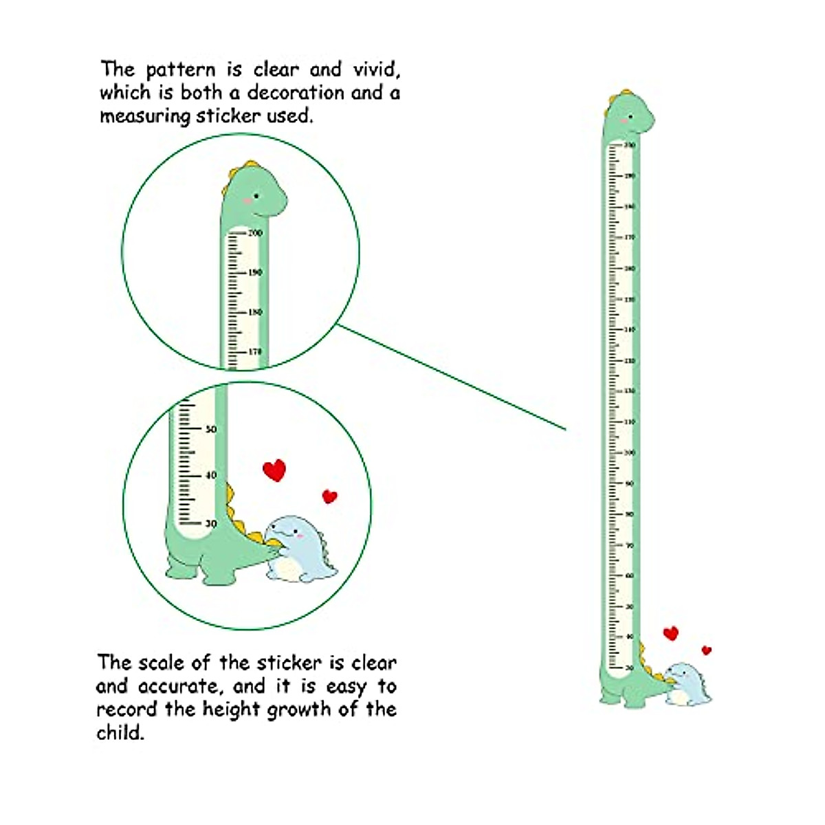SUPERDANT 2 Sheets/Set Cartoon Height Growth Chart Wall Sticker Green Cute Cartoon Dinosaur Self-Adhesive Height Wall Decal for Play Room Nursery Bedroom Living Room Decor 35"x12"