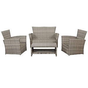 Laurel Canyon Outdoor Patio Furniture 4 Piece Wicker Conversation Sets, Rattan Loveseat and 2 Chairs with Cushions Coffee Table for Porch Deck, Grey