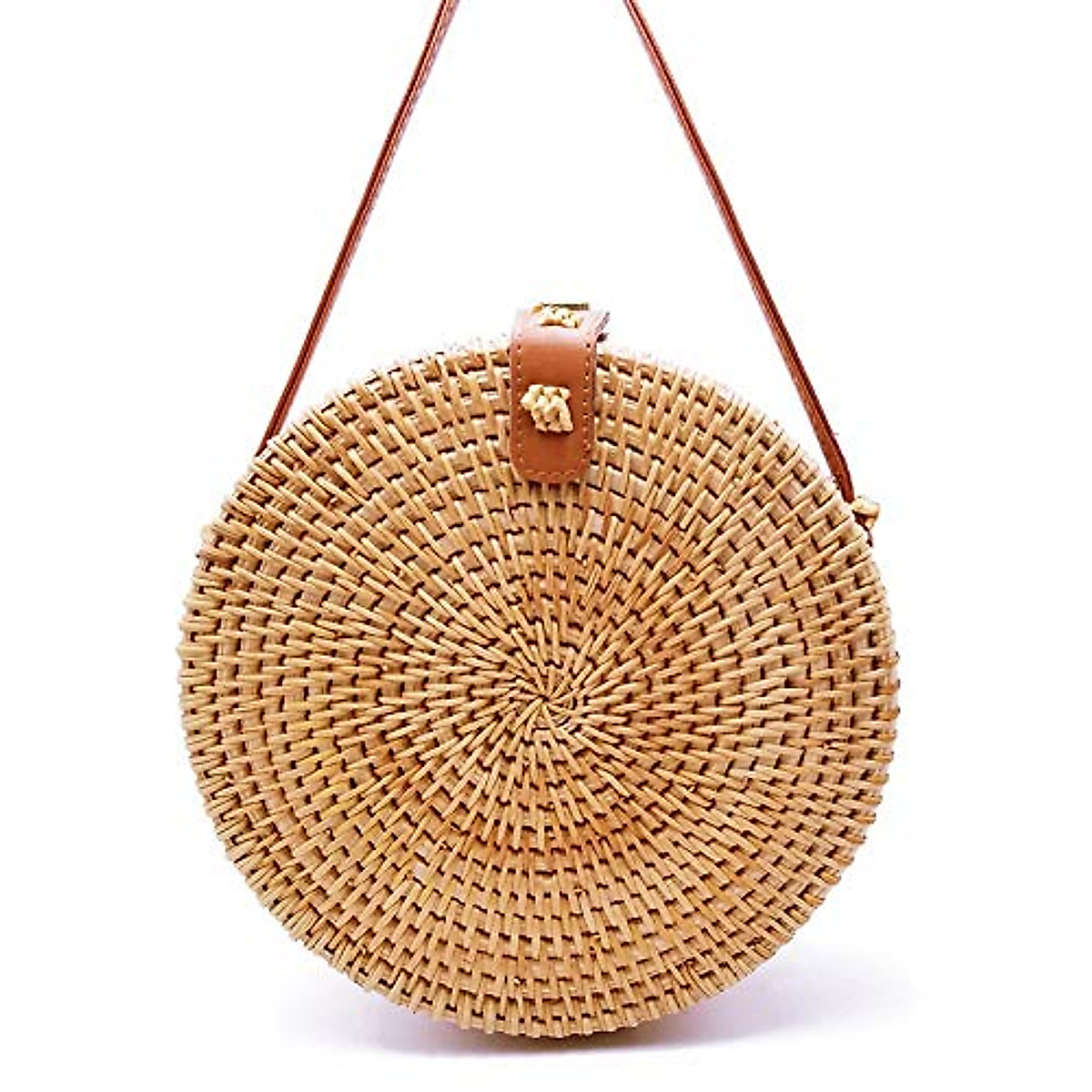 Yunno Handwoven Round Rattan Bag Tropical Beach Style Woven Shoulder Rattan Bag with Leather Strap