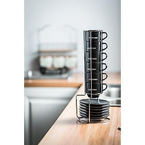 Espresso Cups with Saucers Set, Porcelain Coffee Cups Set with Metal Stand 4 OZ Stackable Demitasse Cups for Latte, Cafe, Mocha and Cappuccino, Tea Cup Set of 6, Thanksgiving Gifts, Black