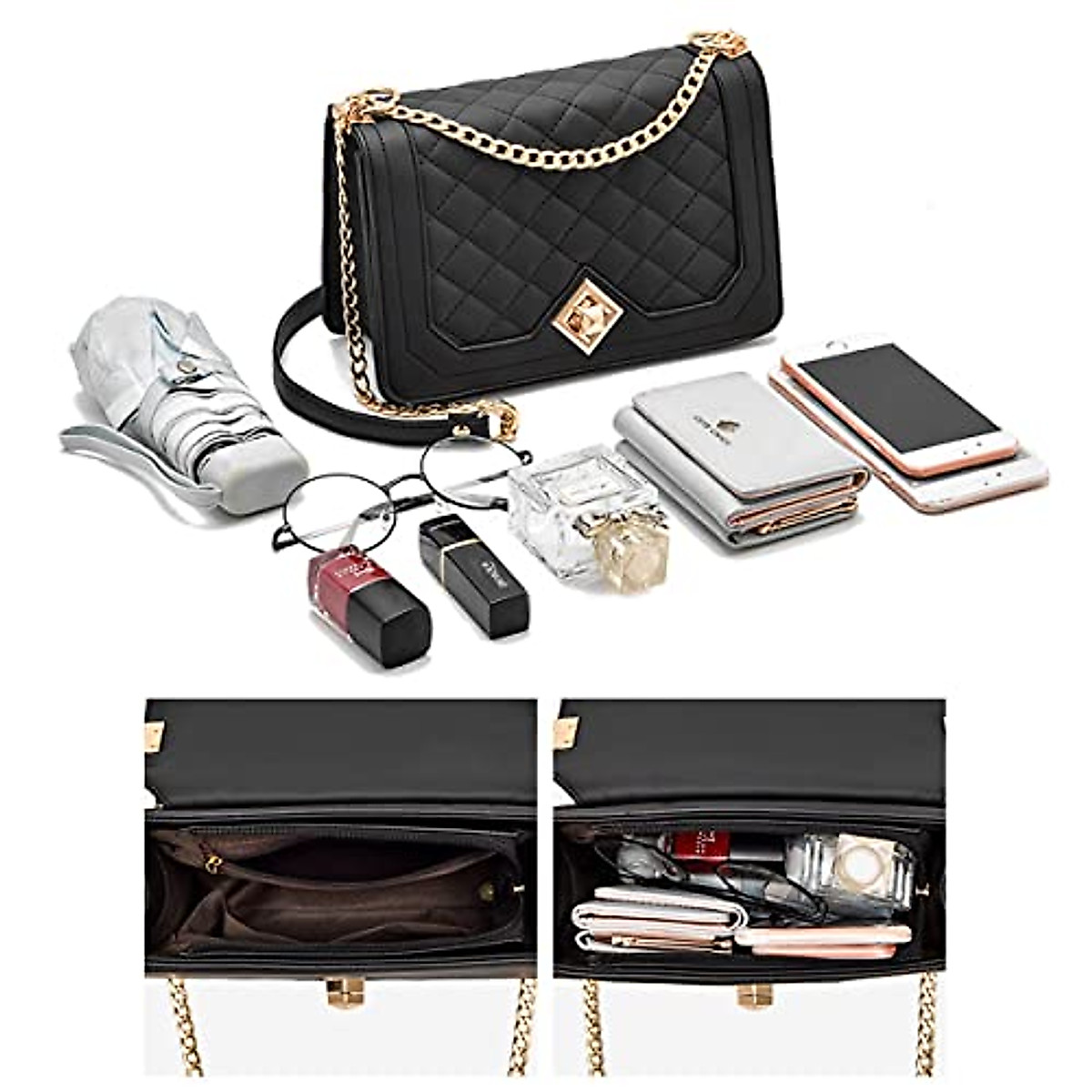 PS PETITE SIMONE Crossbody Bags for Women Trendy Quilted Bag Shoulder with Chain Small Handbag Evening Bag Satchel Purses