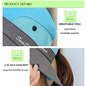 Ponytail Women's Summer Sun Bucket Hats UV Protection Safari Hiking Wide Brim Beach Foldable Mesh Fishing Cap